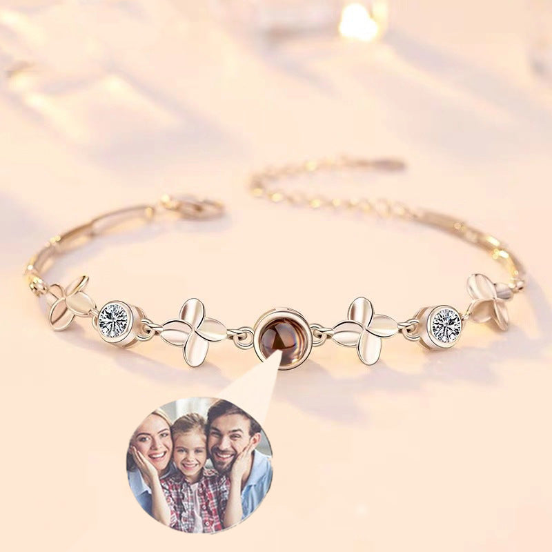 Personalized Photo Projection Bracelet 925 Sterling Silver Four Leaf C ...